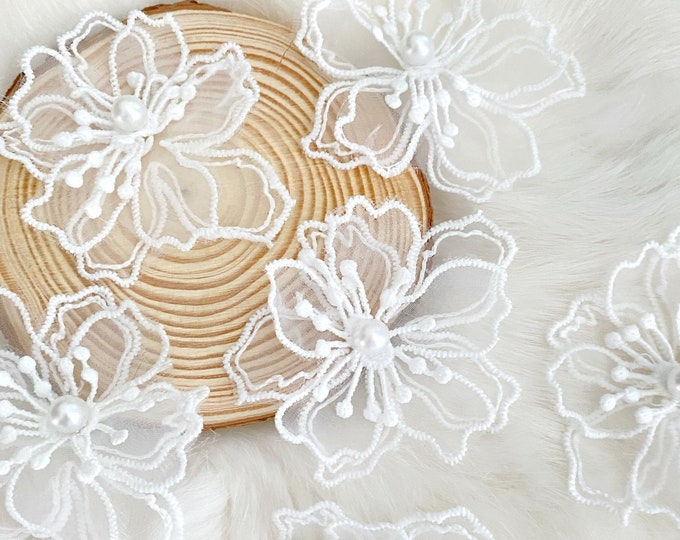 5 White Lace Flowers With Pearl Small 3D Floral Motif Applique, Organza ...
