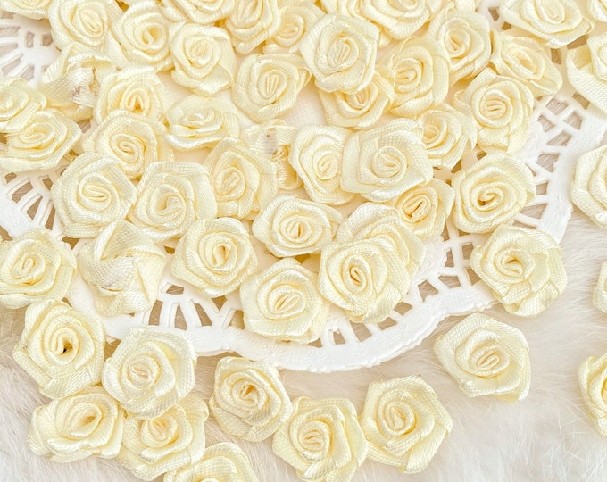 Black Satin Roses 20mm, Black Fabric Roses, Small Ribbon Roses Applique ...