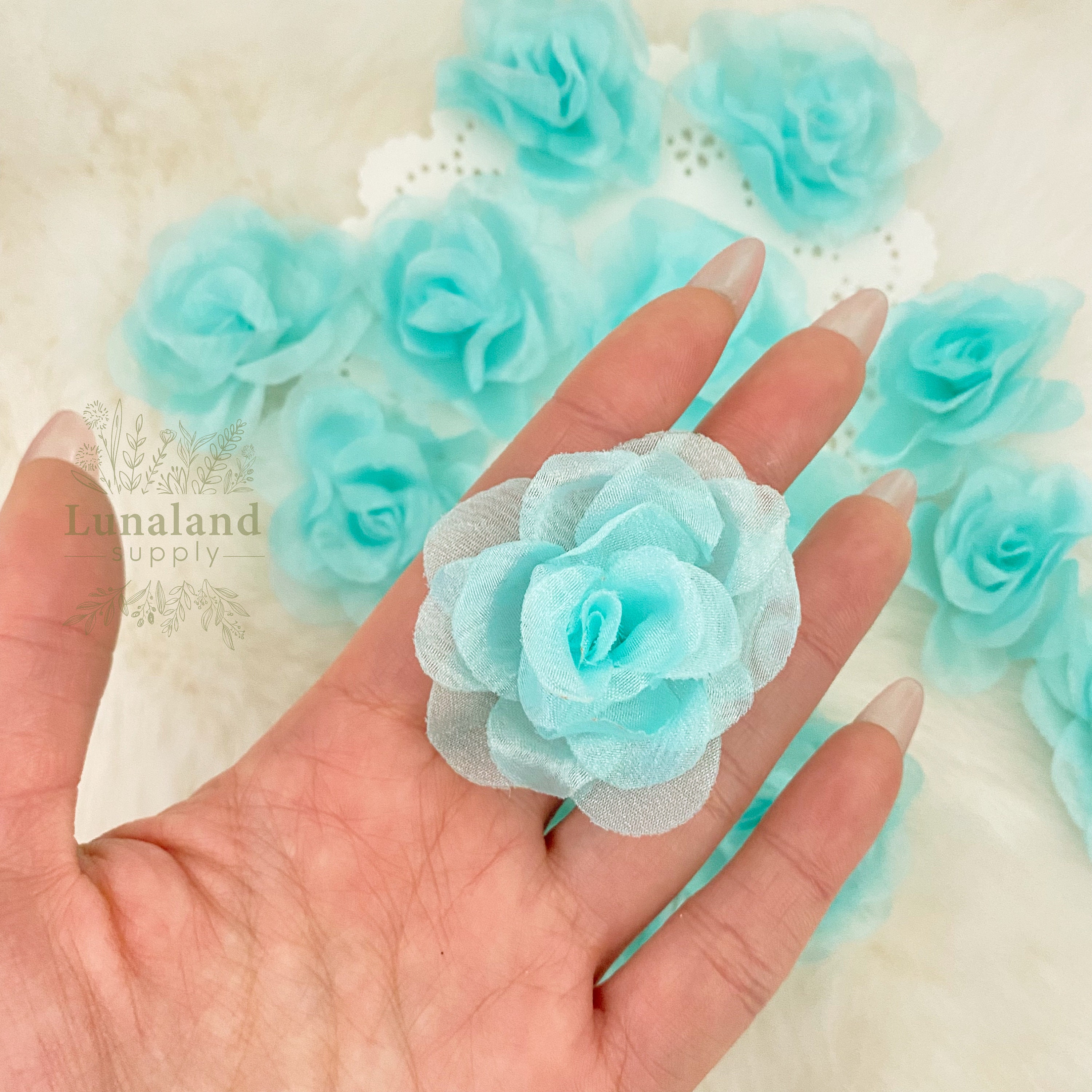 Turquoise Organza Roses 40mm , Mint Green Fabric Roses, Applique Roses ...
