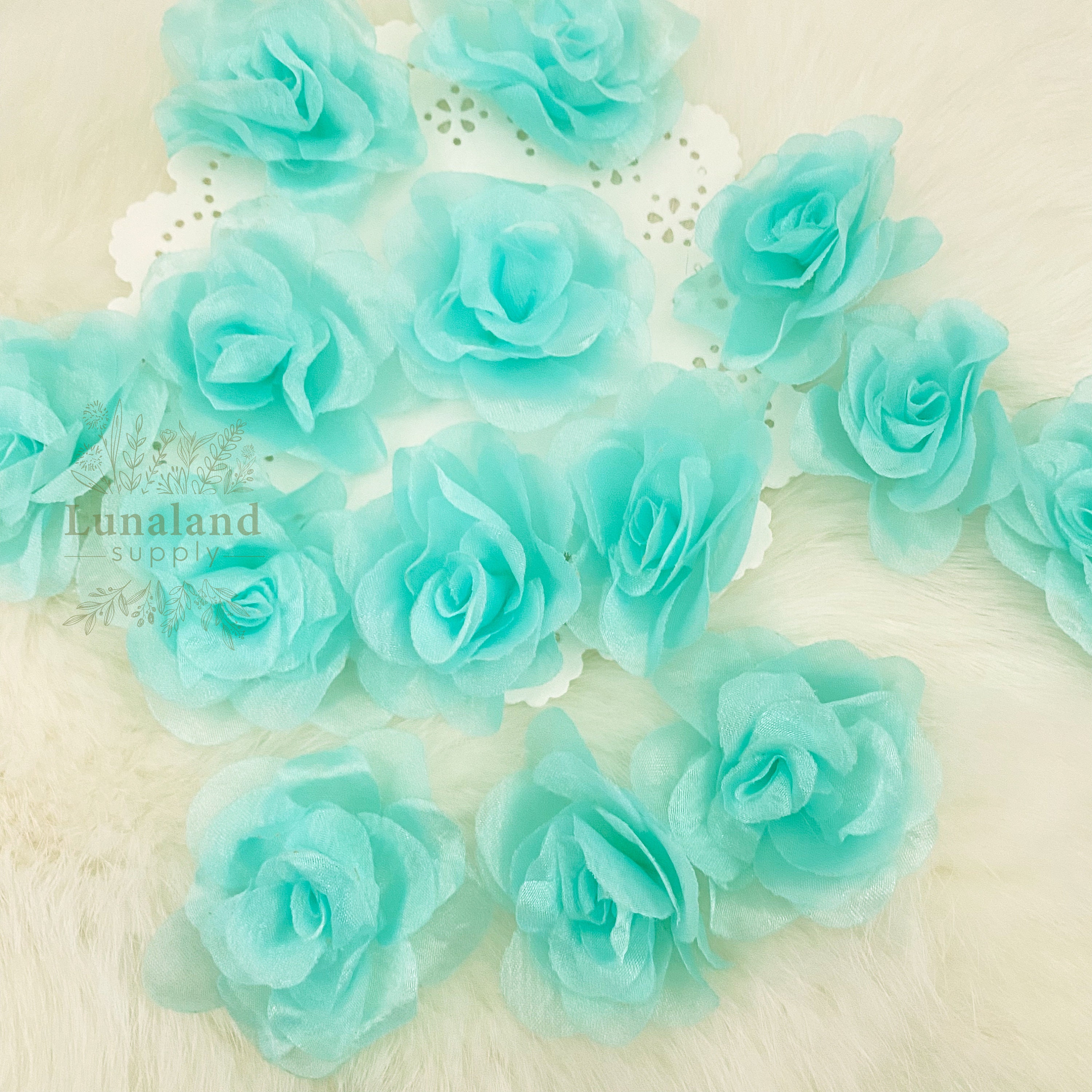 Turquoise Organza Roses 40mm , Mint Green Fabric Roses, Applique Roses ...