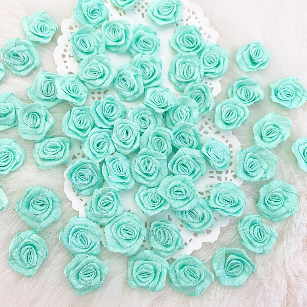 Mint Green Satin Roses (L) 3/4 Inch, Seafoam Green Ribbon Roses, Small ...