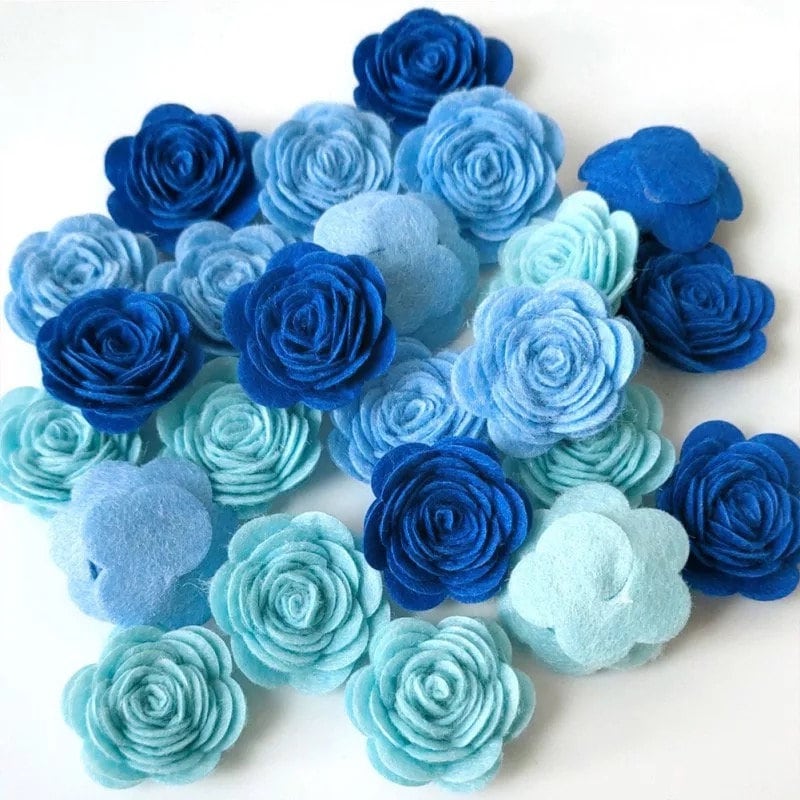 Blue Wool Felt Roses 24pcs, Felt Flowers, DIY Headband, Felt Fabric ...