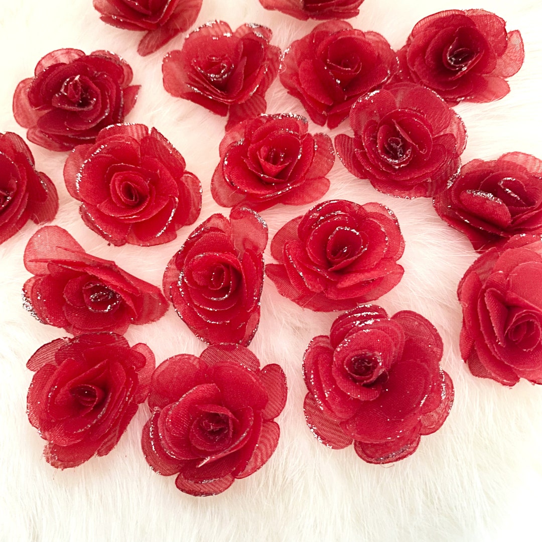 Small Dark Red Glitter Roses 30mm, Fabric Red Rose, Wedding Decor ...
