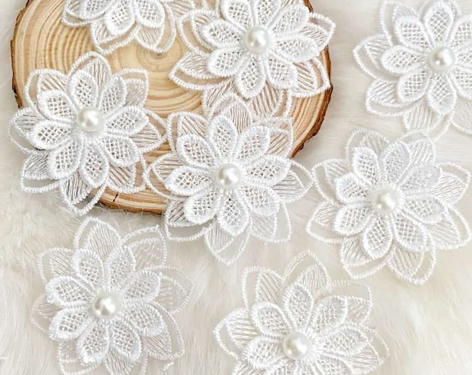 5pcs White Lace Lotus With Pearl Small 3D Floral Motif Applique, Floral ...