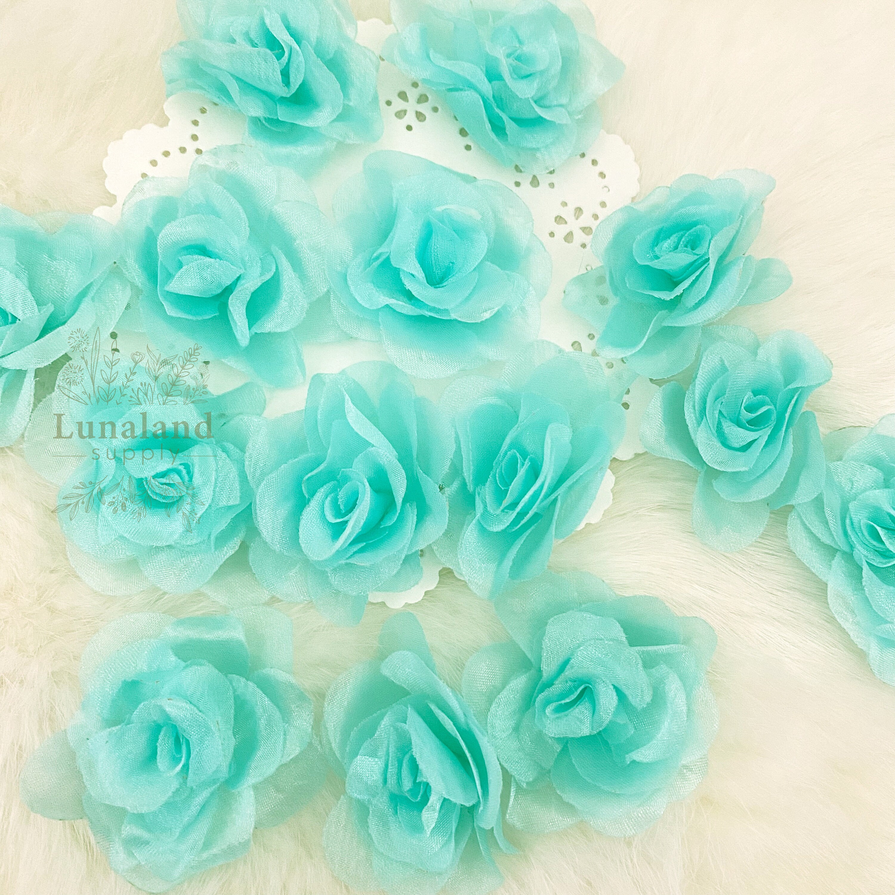 Turquoise Organza Roses 40mm , Mint Green Fabric Roses, Applique Roses ...