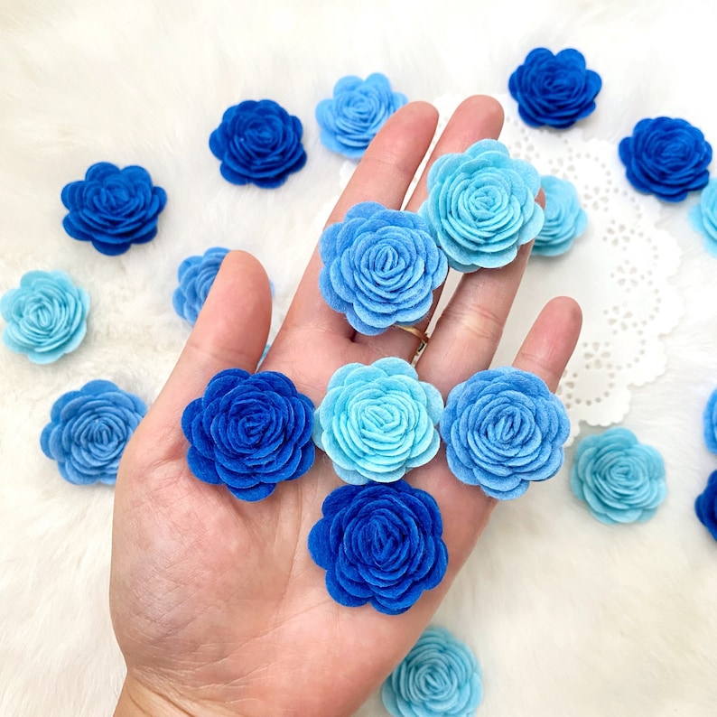 Blue Wool Felt Roses 24pcs, Felt Flowers, DIY Headband, Felt Fabric ...
