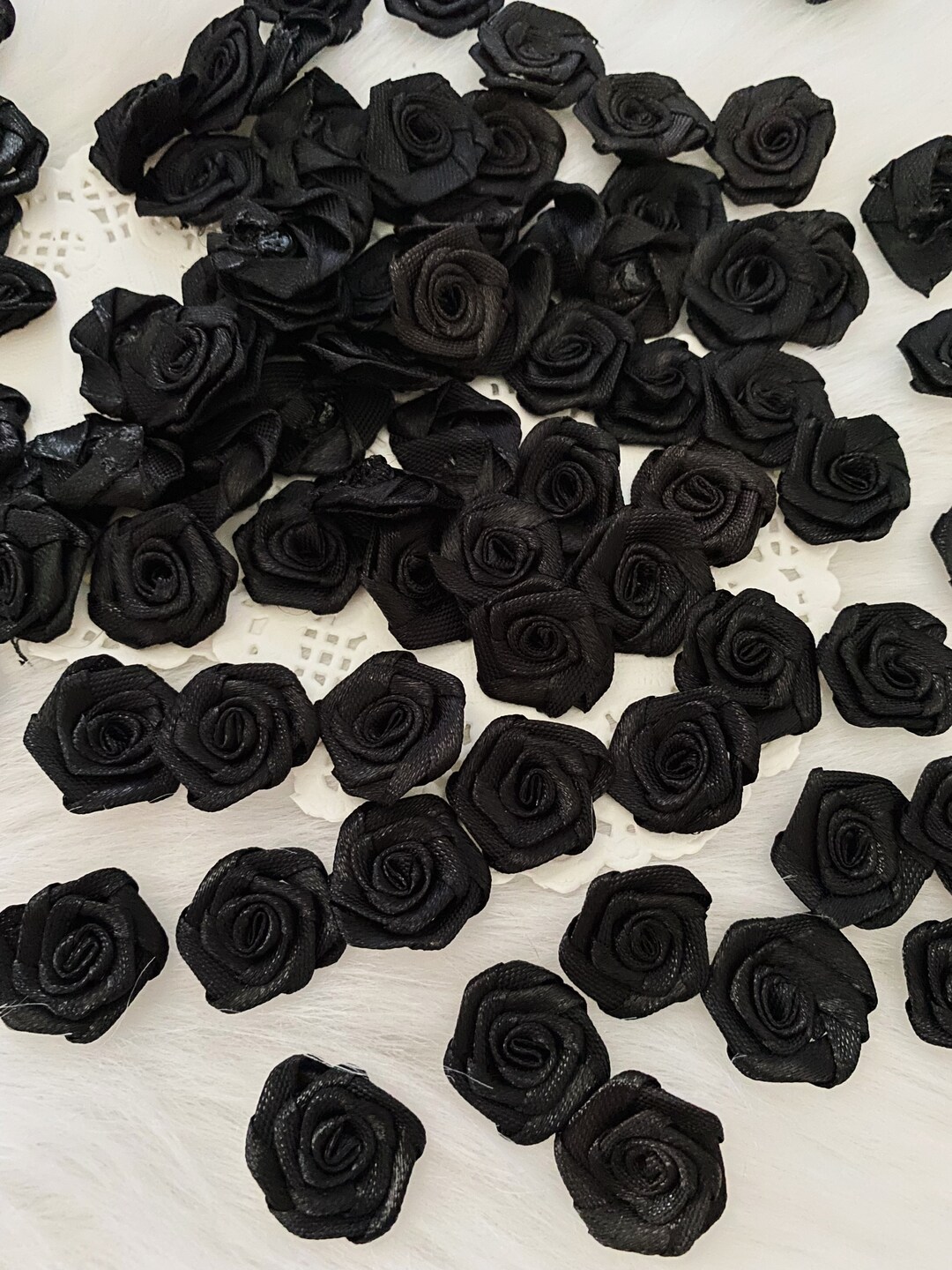 Black Satin Roses 20mm, Black Fabric Roses, Small Ribbon Roses Applique ...