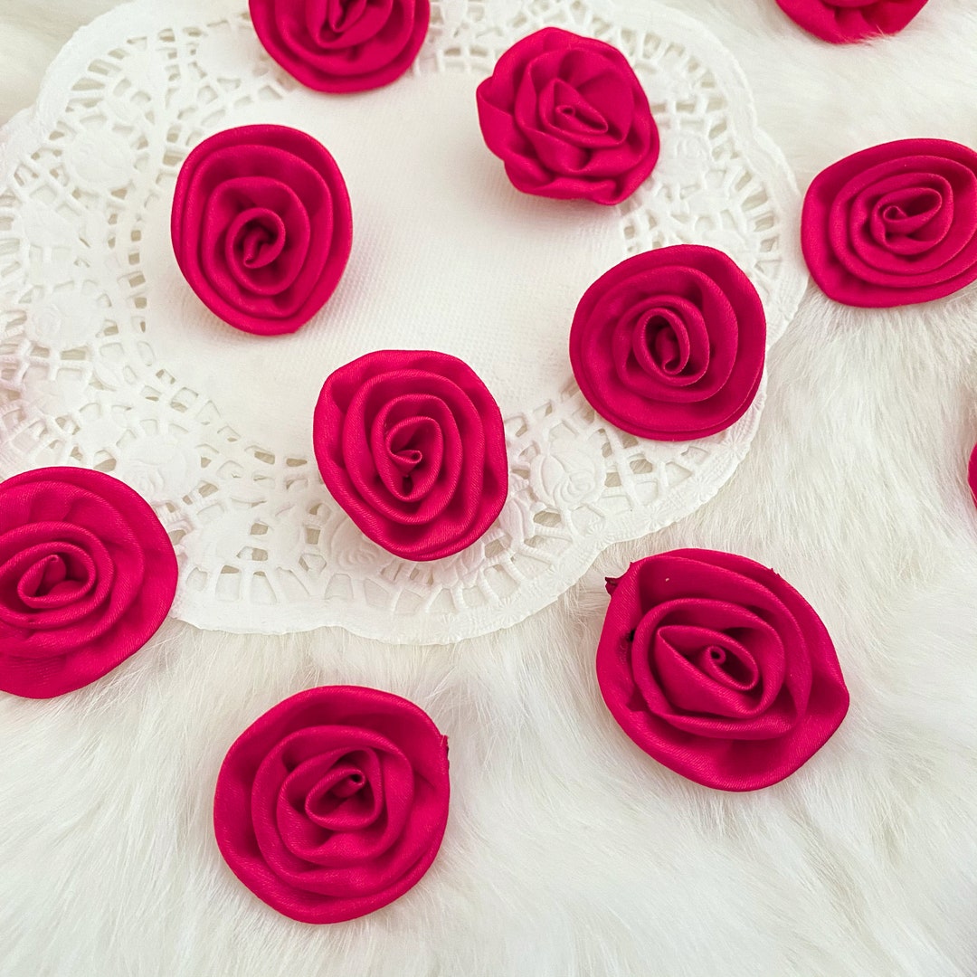 10 Hot Pink Rolled Ribbon Roses, Pink Satin Roses, Large Satin Rose ...