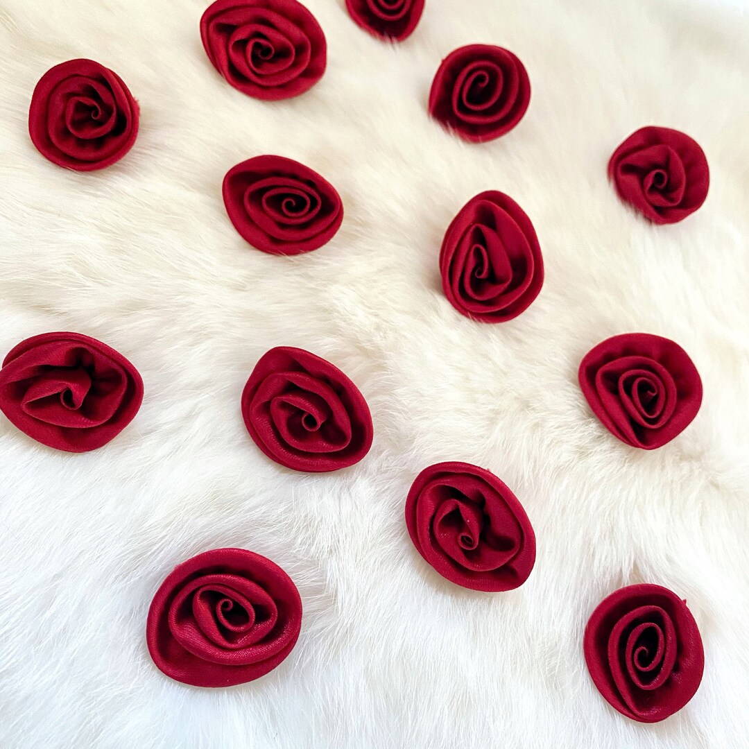 10 Red Rolled Ribbon Roses, Satin Roses, Sewing Applique, Fabric Craft ...