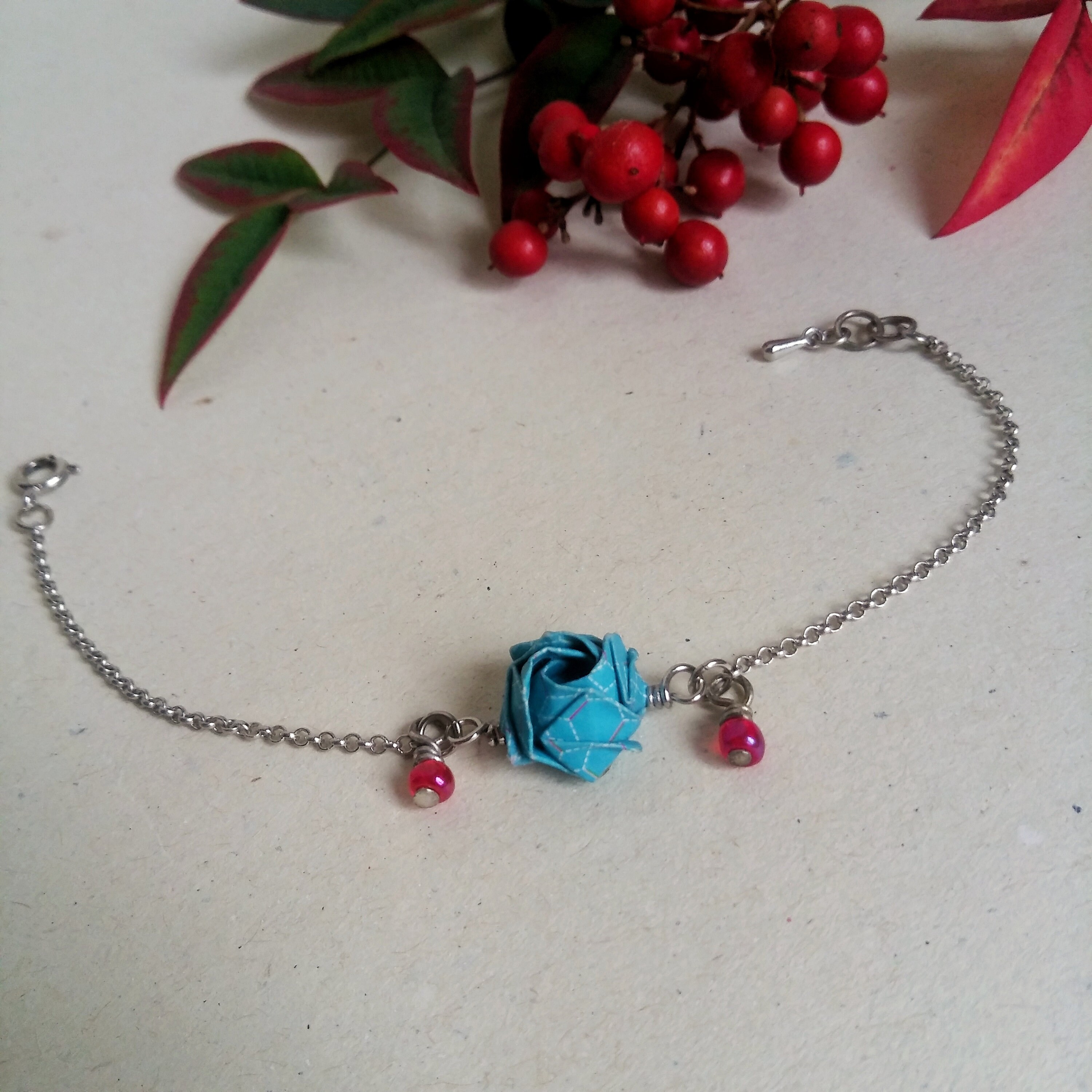 Origami Rose Bracelet. Paper Rose. Sky Blue Jewelry. Red Drop - Etsy