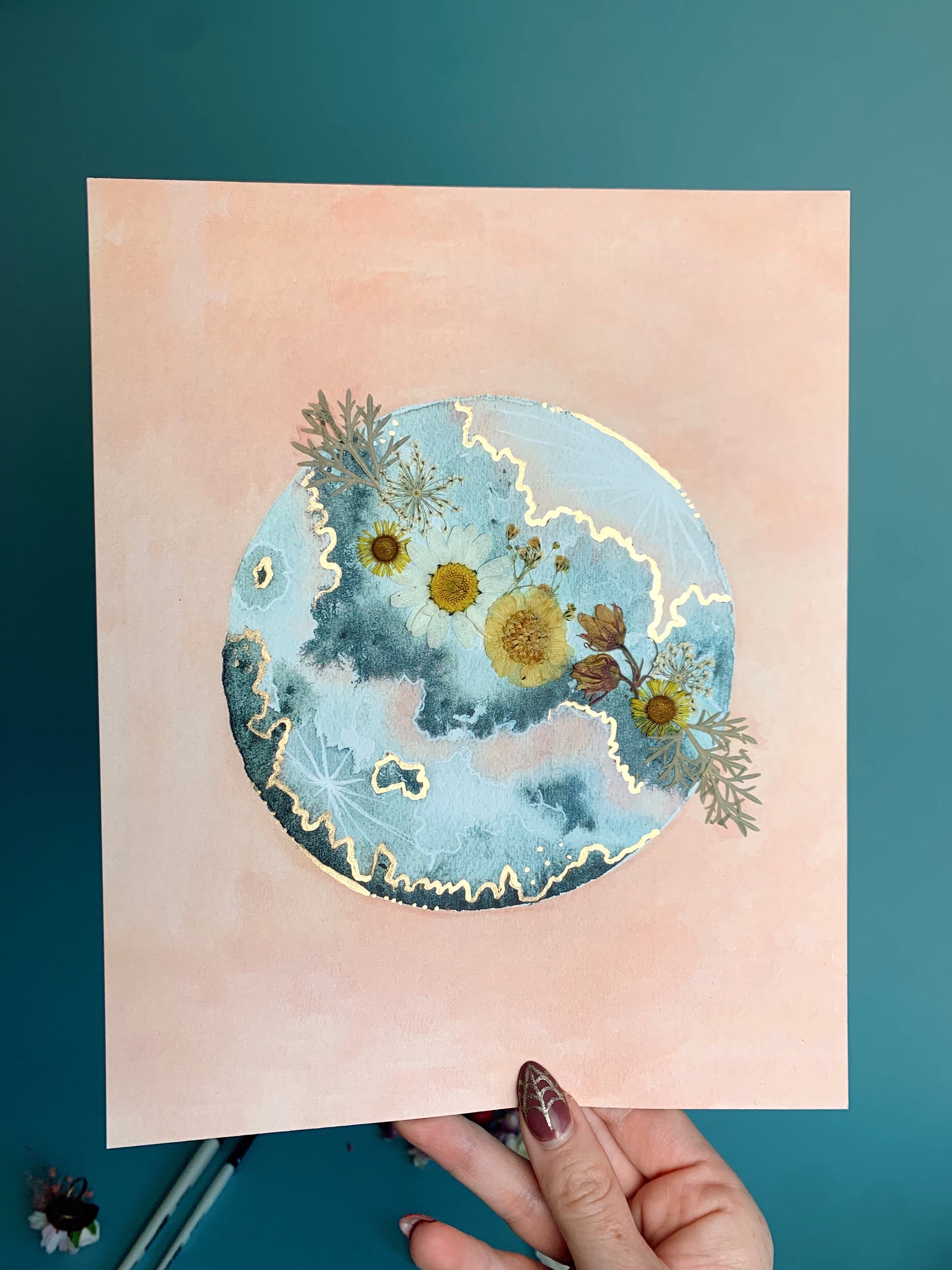 EMBELLISHED PRINT: "new Moon Bloom" Full Moon - Watercolor, Pressed ...