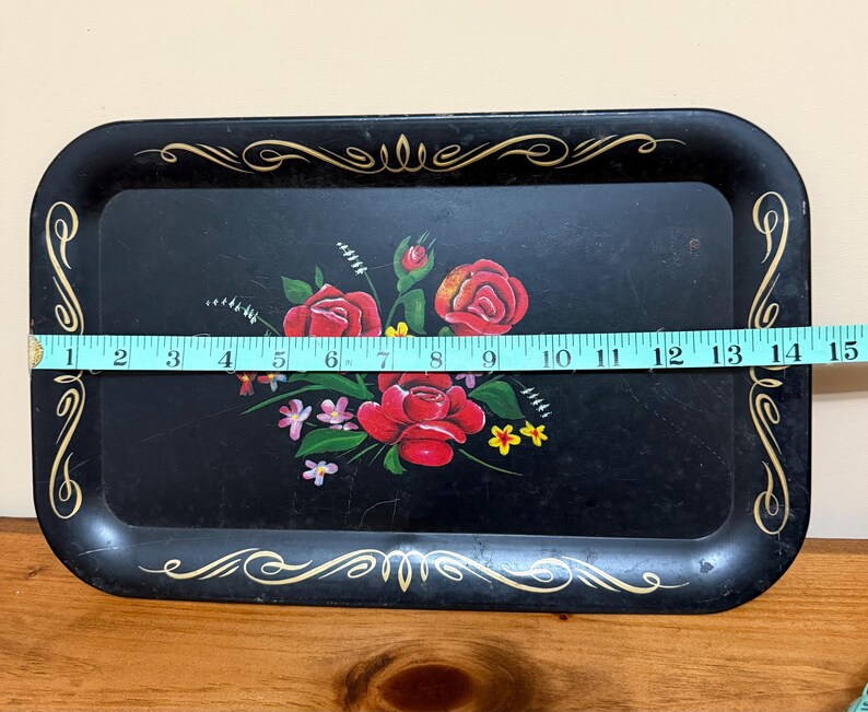 Vintage Black Metal Rectangular Hand Painted Red Roses Floral Tray - Etsy