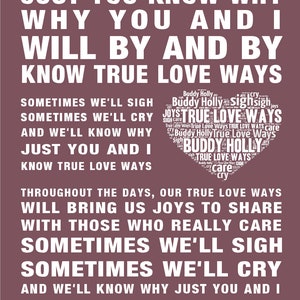 BUDDY HOLLY True Love Ways Music Song Lyrics Wall Art Print/poster Home ...