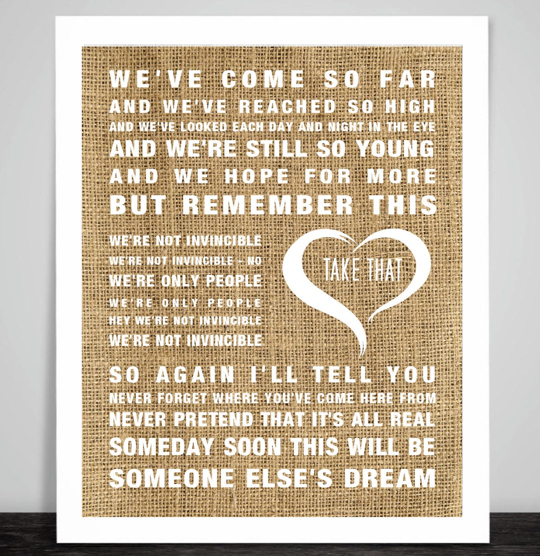Take That Never Forget Music Song Lyrics Textured Hessian Heart Linen ...