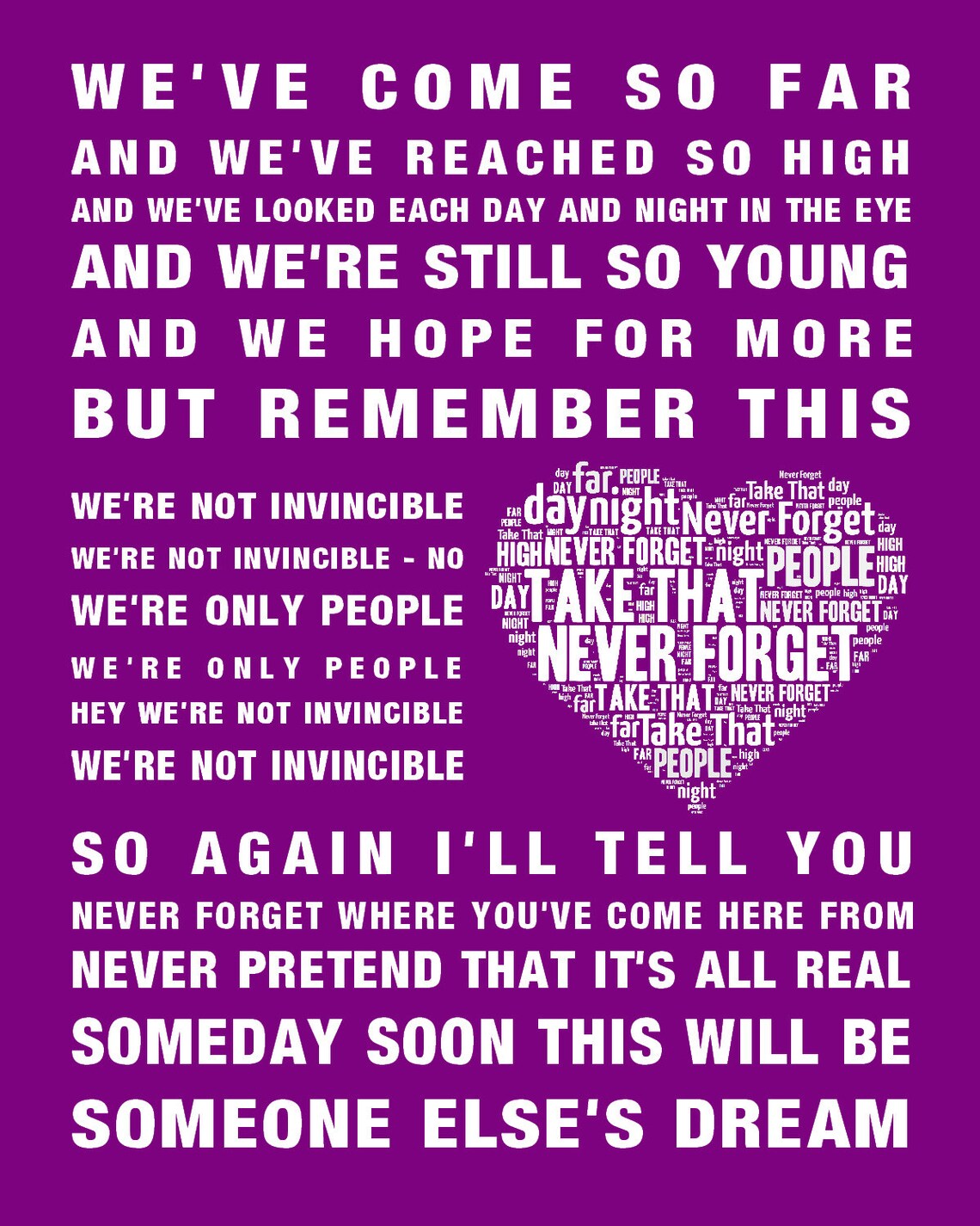 TAKE THAT Never Forget Music Love Song Lyrics Wall Art Print/poster ...
