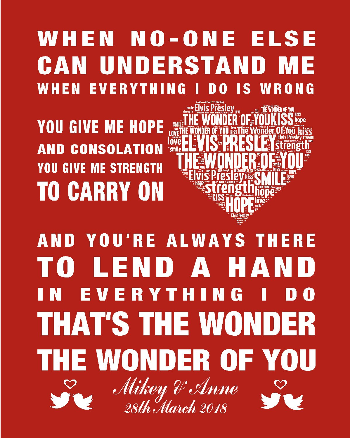 PERSONALISED Elvis Presley the Wonder of You Music Song Lyrics Art ...