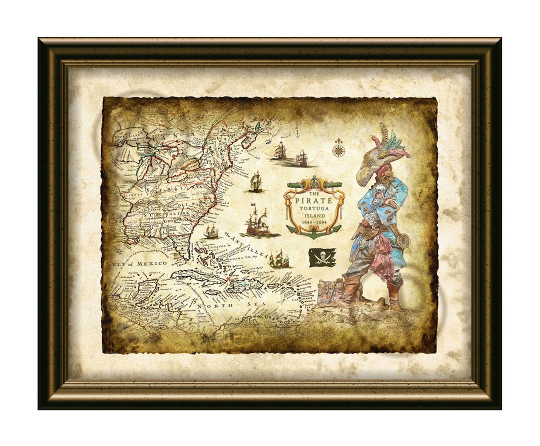 Pirate Tortuga Island of Map Art Poster, Old Map Caribbean Island ...