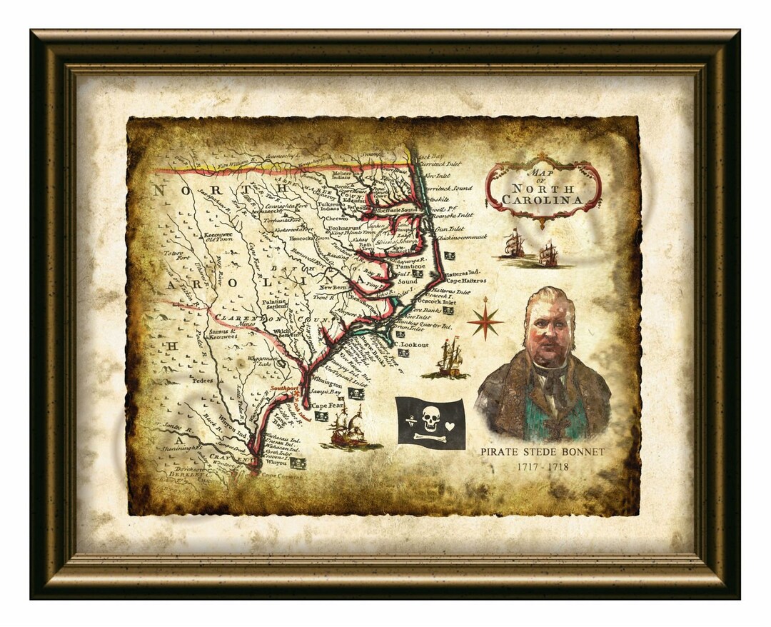 Pirate Stede Bonnet Portrait Artwork of North Carolina Map 1718, Old ...