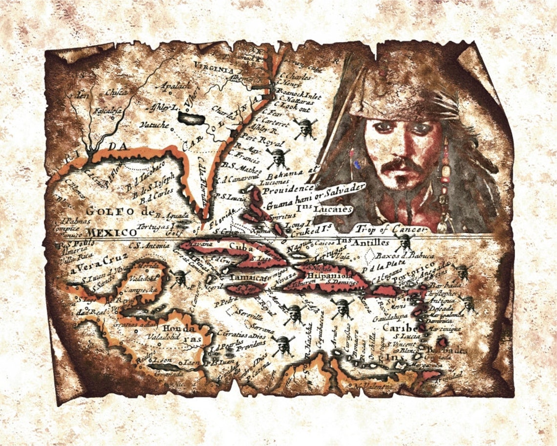 Pirate Jack Sparrow Grunge Art Map of Caribbean Pirate Old - Etsy