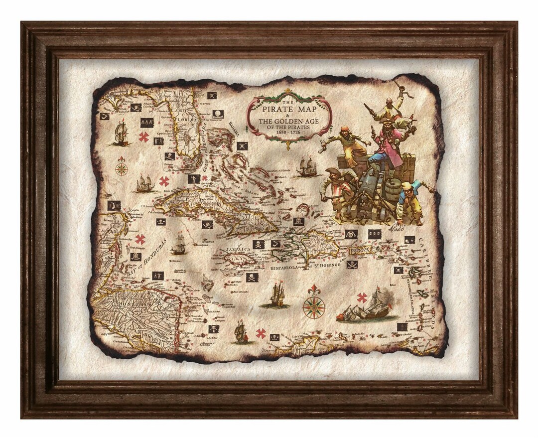 Pirates Golden Age - Caribbean Map Art Decor, Parchment Pirates Antique ...