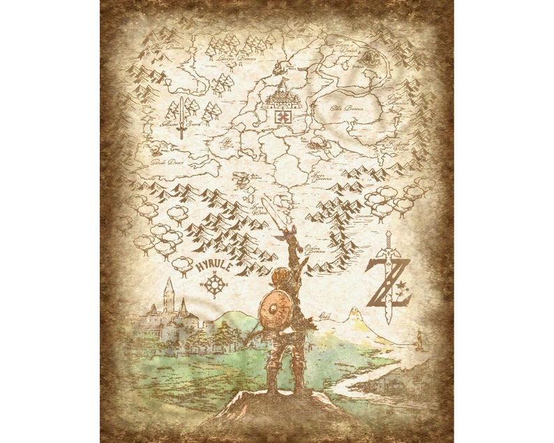 Legend of Zelda Art Work Hyrule Map, Rustic Zelda of Hyrule Map Art ...