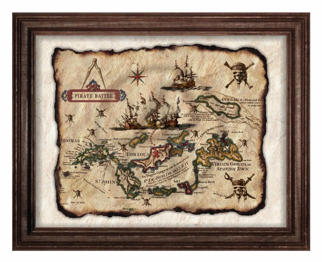 Pirates Battle Treasure Map Art Decor of the Caribbean, Pirate Old Map ...