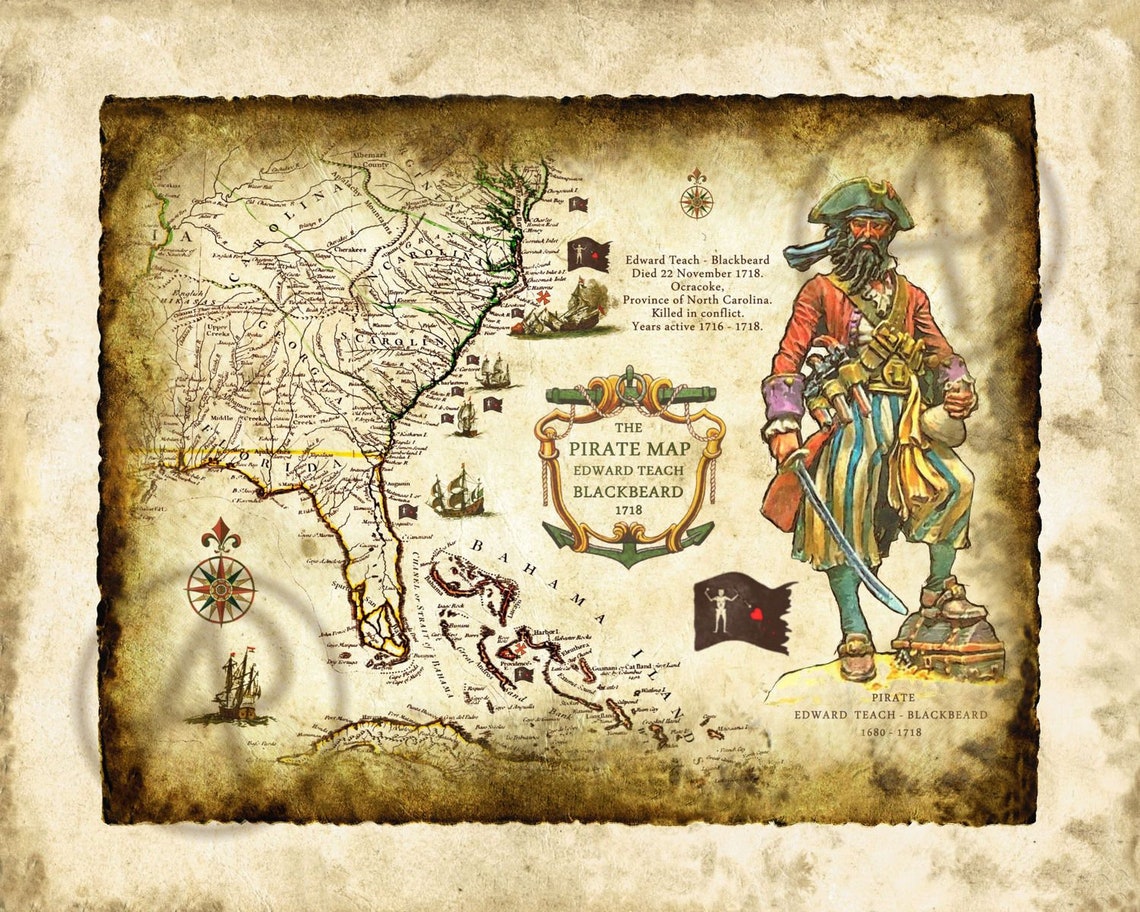 Old Map USA 1718Pirate Blackbeard Art DecorUsa Map Art | Etsy