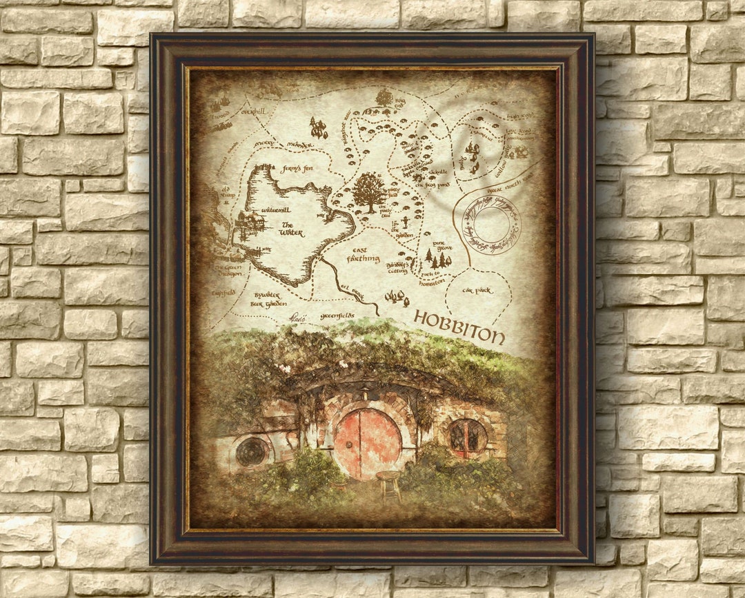 Rustic Hobbiton Map and Hobbit House Wall Art Poster, Lord of the Ring ...