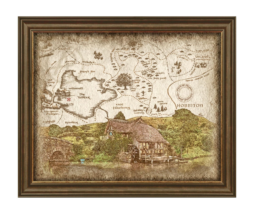 Hobbiton Mill Rustic Panorama Art of Map, Lord of the Ring Landscape ...