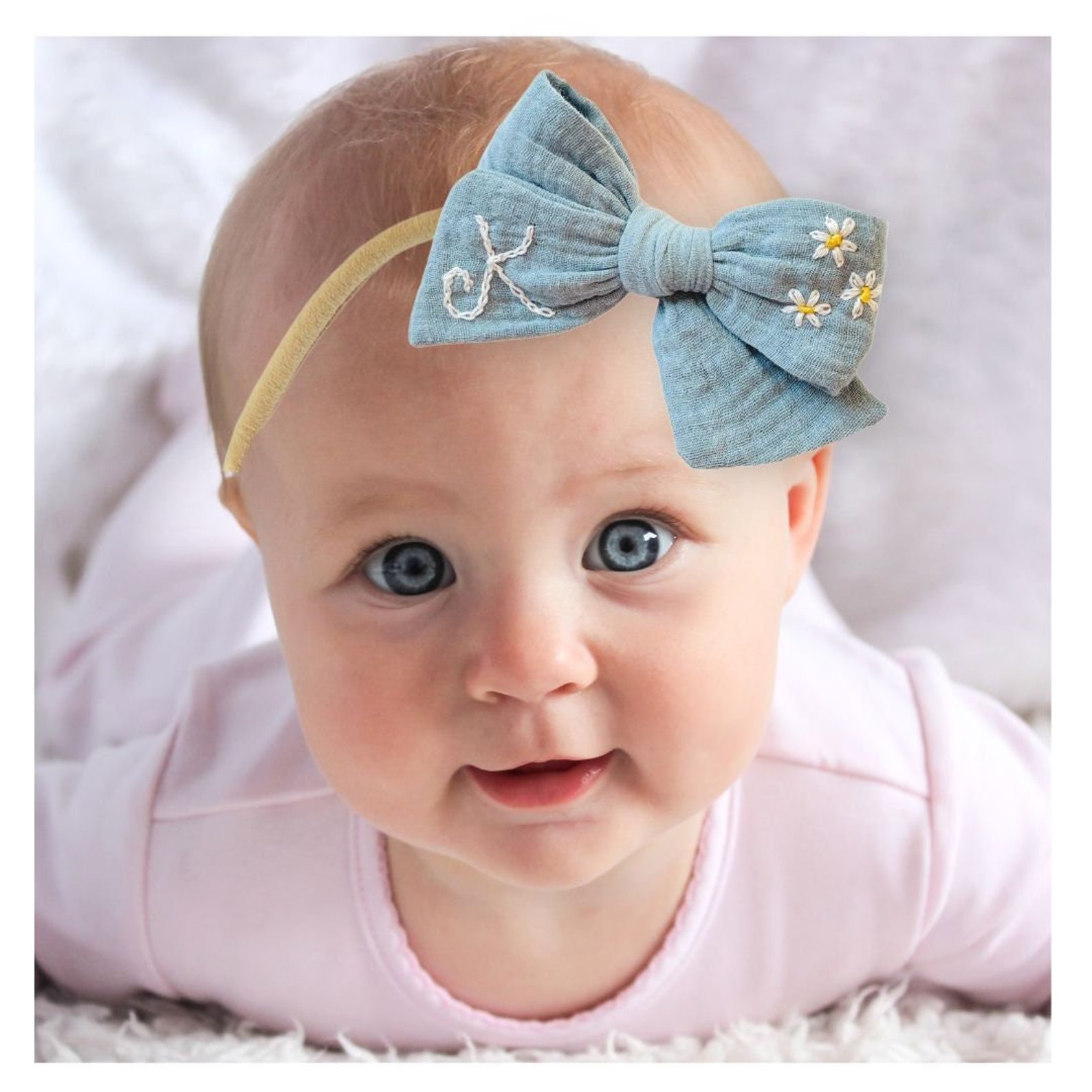 Personalized Baby Bows, Custom Hand-embroidered Initial Letter, Gauze ...
