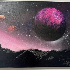 Pink Planet Landscape Spray Paint Art on Canvas - Original Artwork by ...