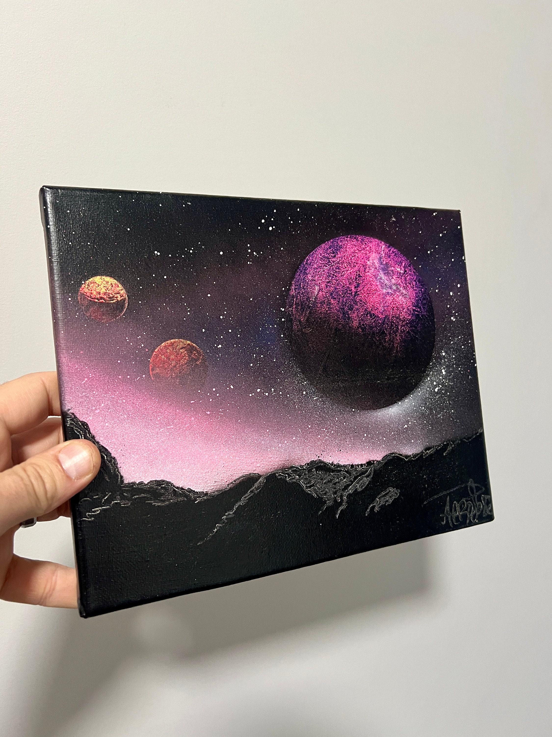 Pink Planet Landscape Spray Paint Art on Canvas - Original Artwork by ...