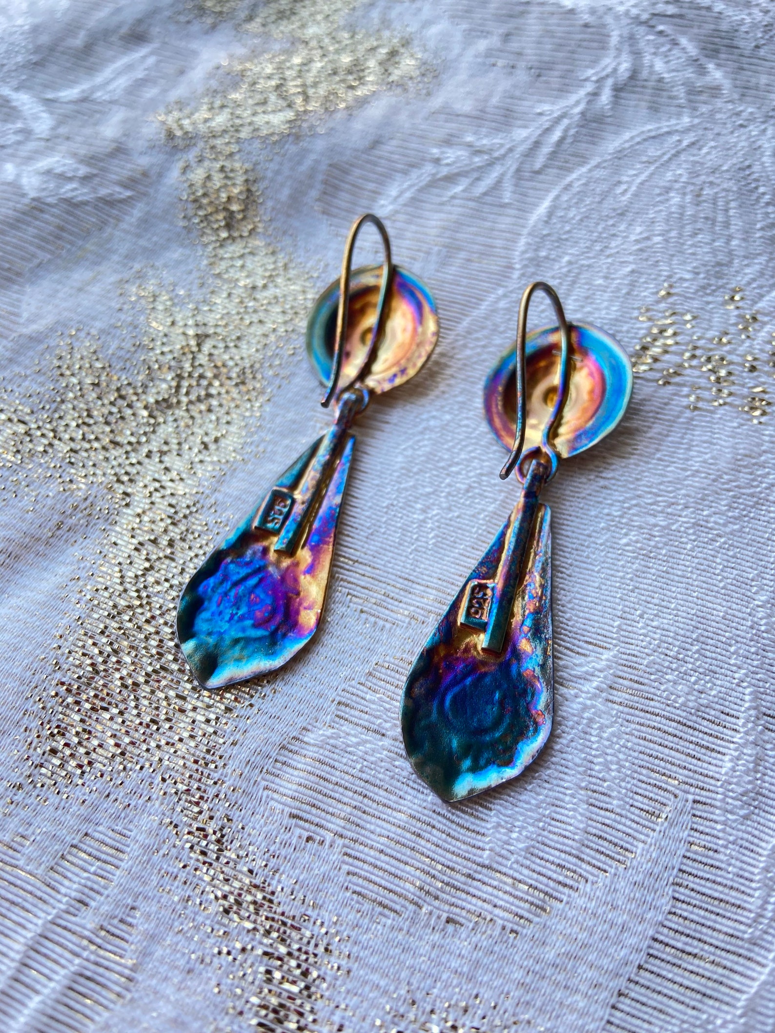 Iridescent Patina Gold plated earrings flame patina Statement - Etsy.de