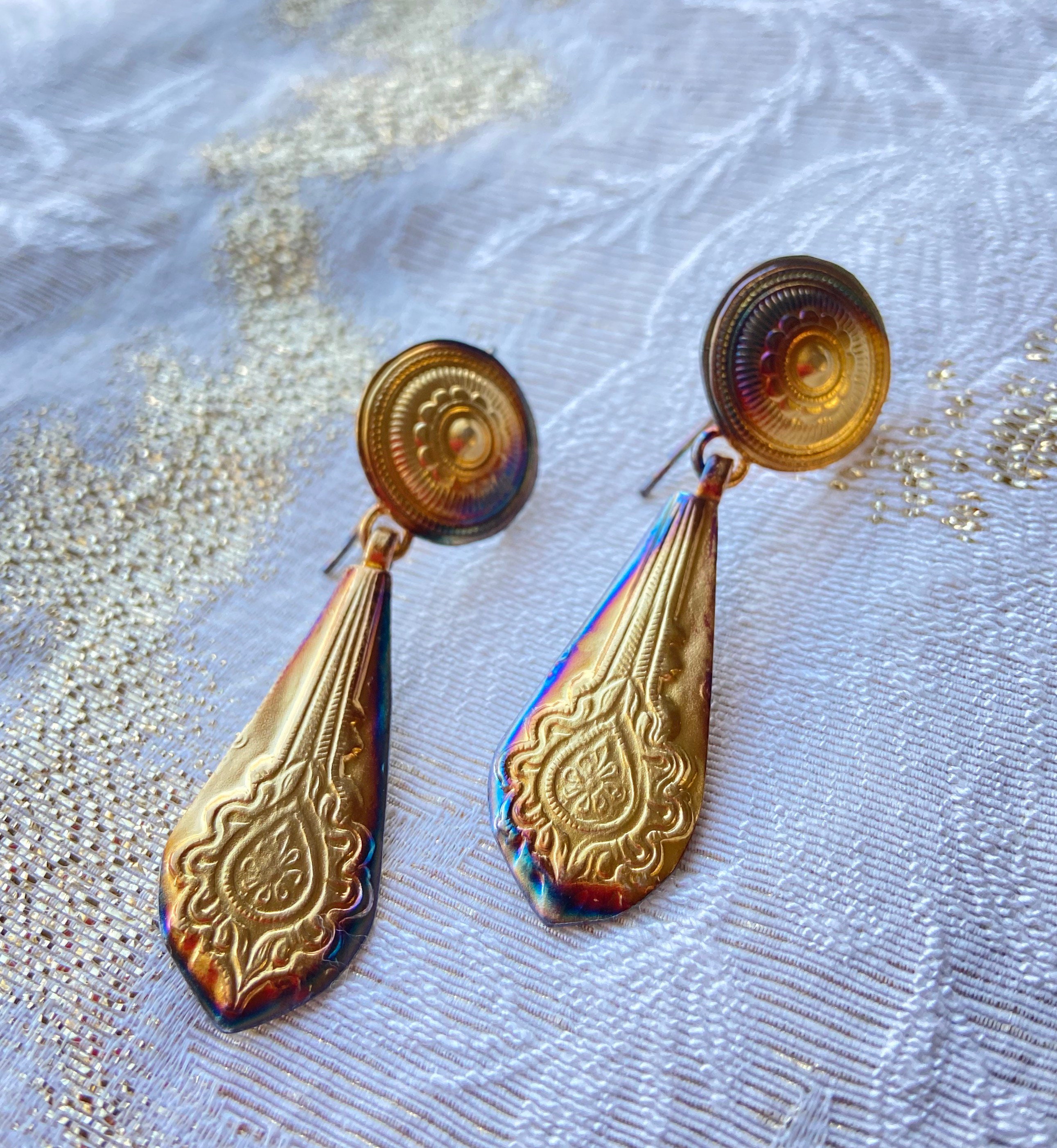 Iridescent Patina Gold plated earrings flame patina Statement - Etsy.de
