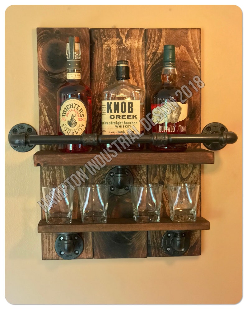 Bourbon Whiskey Rack, Reclaimed Pallet Wood and Industrial Pipe, Bar ...