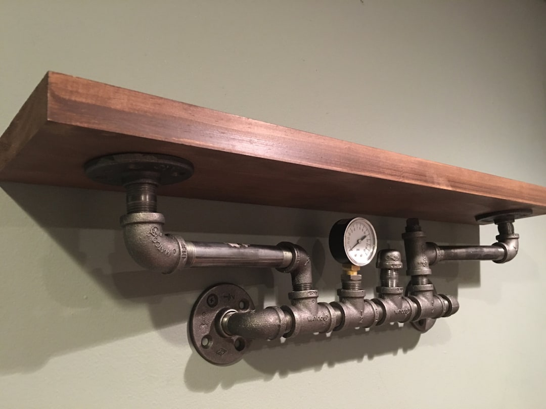 Industrial Pipe Shelf With Pressure Gauge | Steampunk Wall Shelf ...