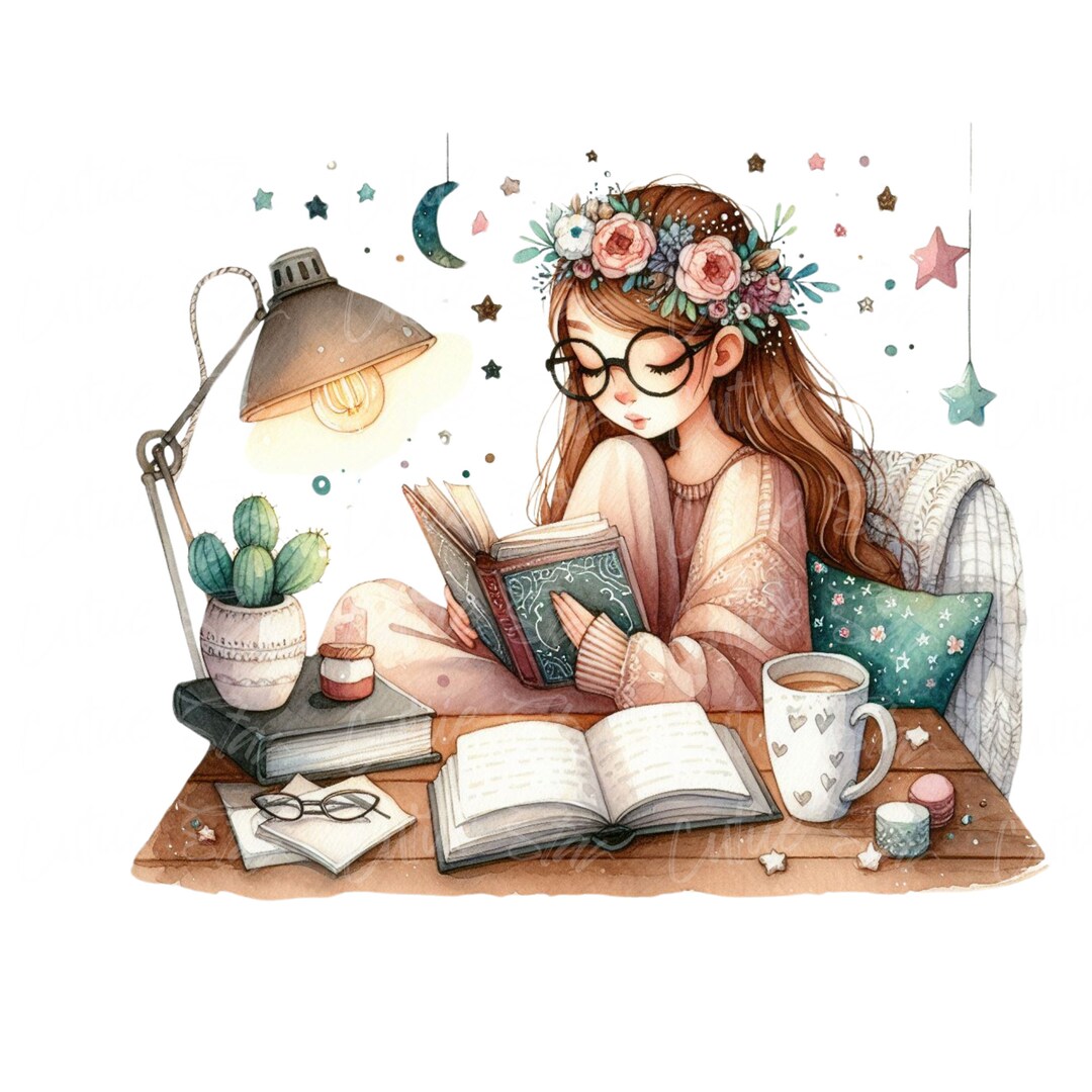 Cute Little Girl Reading Clipart | Book Room L Digital Illustration ...