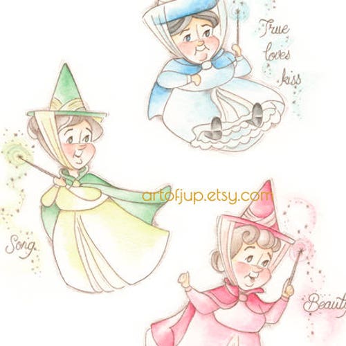 Sleeping Beauty Print Three Good Fairies Flora Fauna | Etsy