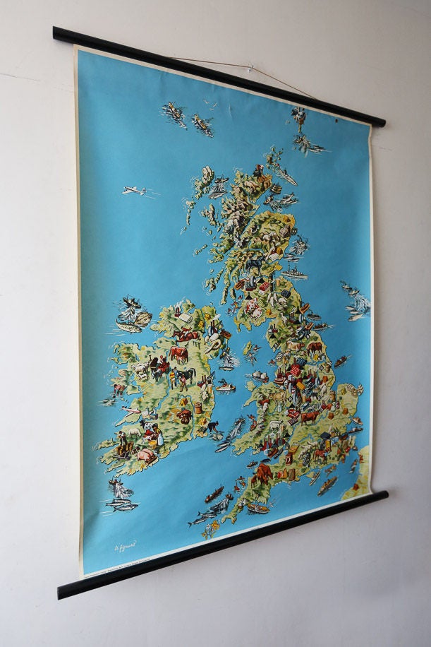 Original Vintage German Educational School Wall Chart BRITISH ISLES MAP ...