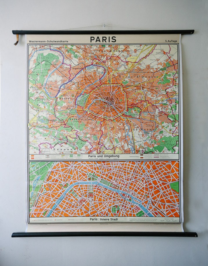 Original HUGE Vintage German Educational School Wall Chart PARIS MAP ...