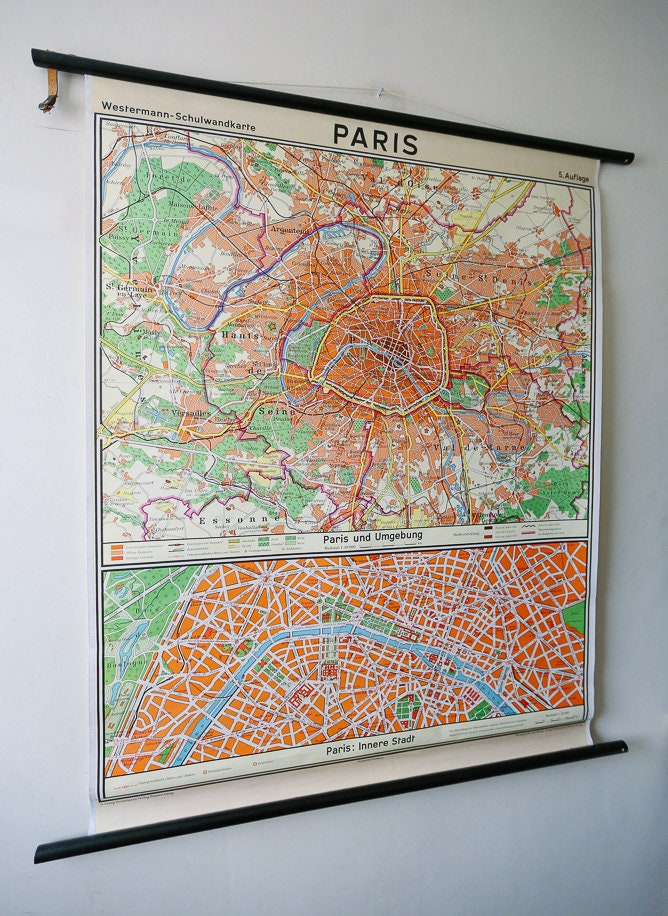 Original HUGE Vintage German Educational School Wall Chart PARIS MAP ...