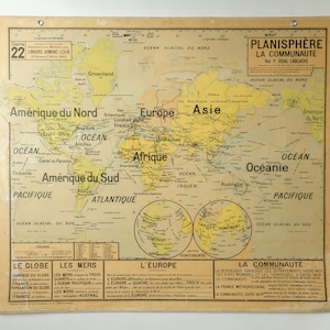 Original Large Vintage French Educational School Wall Chart WORLD MAP ...