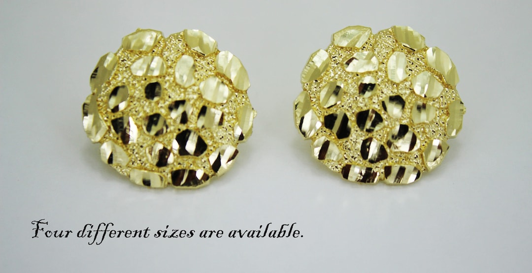 14K Gold Authentic Nugget Round Diamond Cut Stud Earrings for Men Women ...