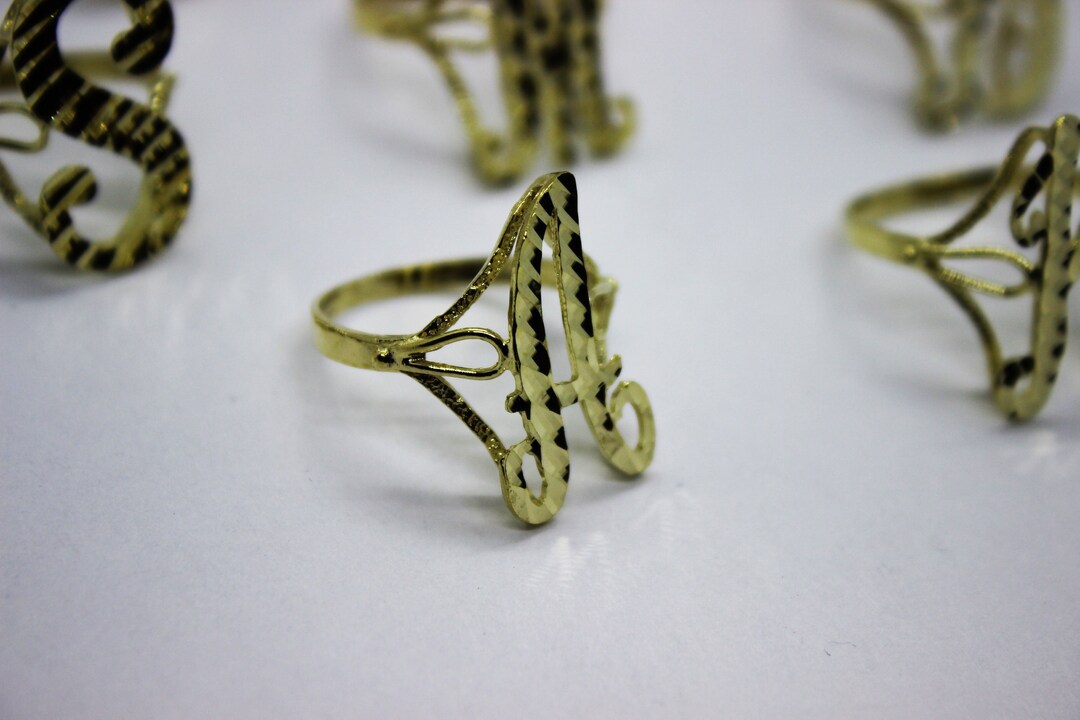 10k Solid Yellow Gold Cursive Initial Letter Ring Diamond Cut Medium ...