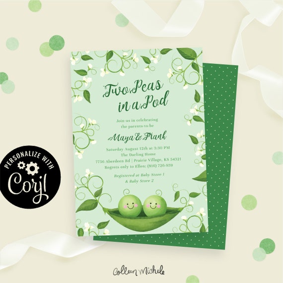 Two Peas in A Pod | Editable Twin Baby Shower Invitation. Green for ...