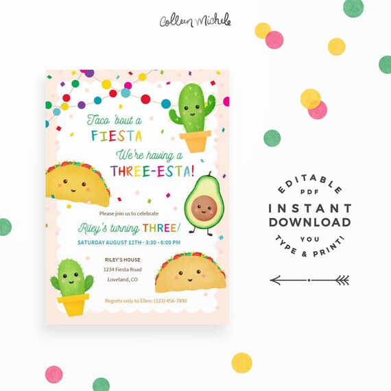Fiesta 3rd Birthday Invitation, Instant Download, Editable PDF. "Taco ...