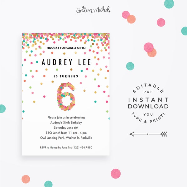 6th Birthday Party Invitation Digital Download Confetti - Etsy