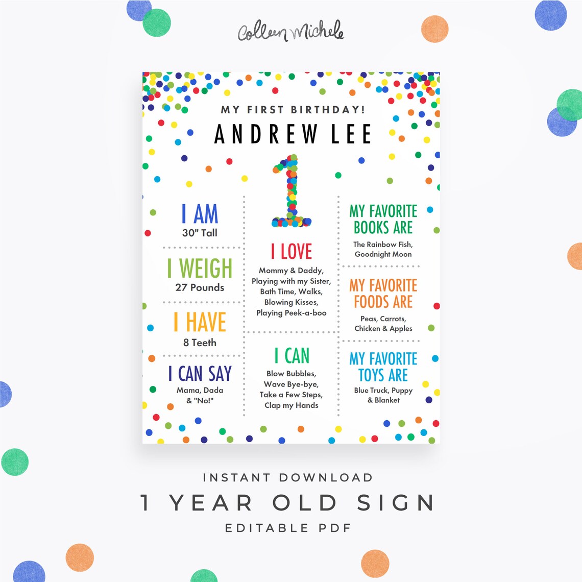 Confetti One Year Old Sign Editable PDF Instant Download. 1st - Etsy