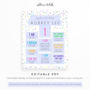Cute Girl 1 Year Old Sign, Editable PDF Download. First Birthday Poster ...