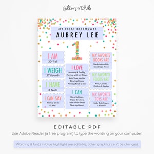 Cute Girl 1 Year Old Sign, Editable PDF Download. First Birthday Poster ...